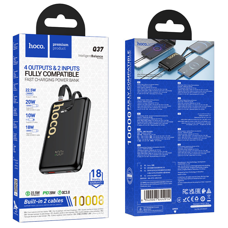 22.5W PD+QC Power Bank w/ 2 Built-in Cables, LED % Display (10000mAh)